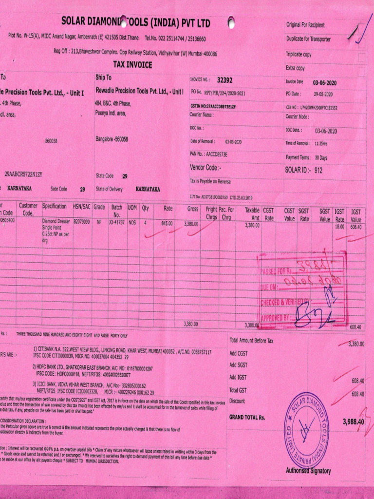 Solar Diamond Invoice - Ambernath | PDF | Trade | Payments