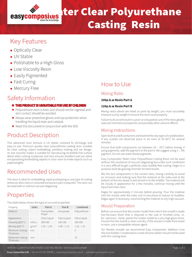 EC TDS PC15 Water Clear Polyurethane Casting Resin | PDF | Casting ...