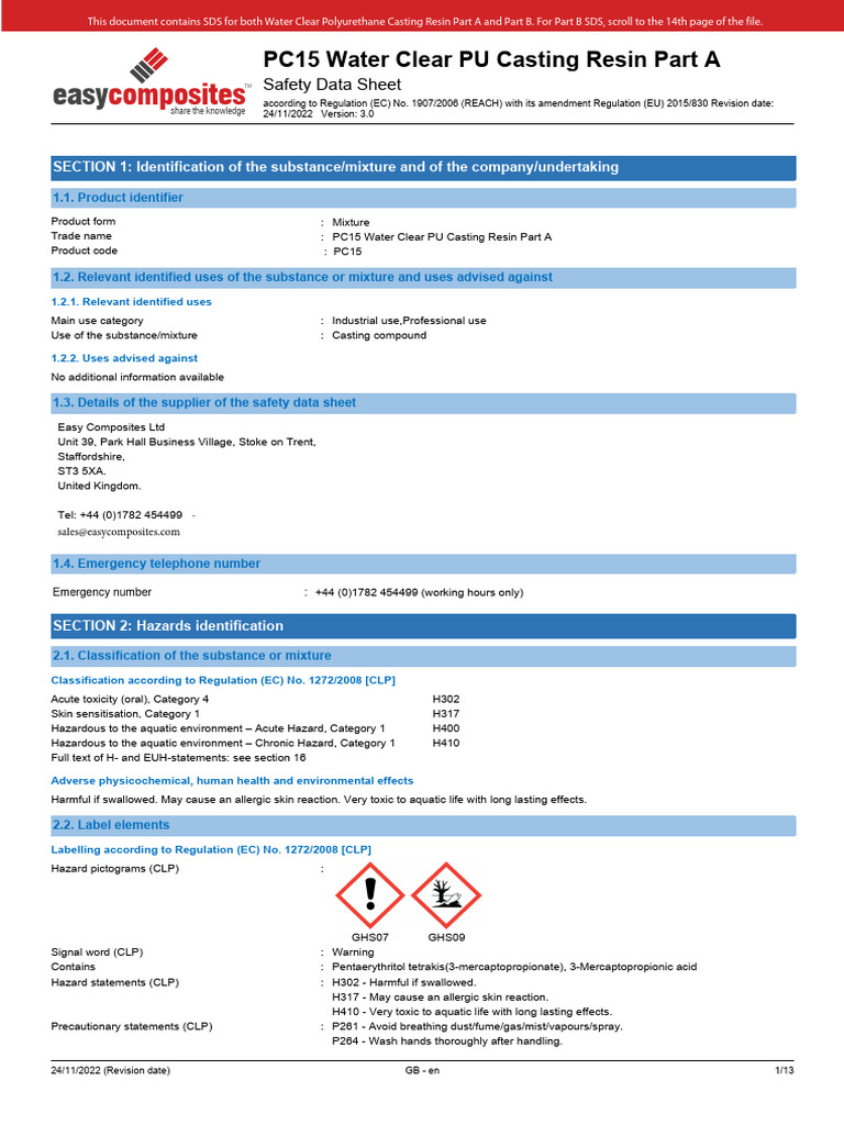 EC SDS Water Clear Polyurethane Casting Resin | PDF | Toxicity ...