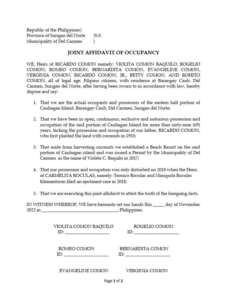Affidavit of Occupancy | PDF | Evidence | Civil Law (Common Law)