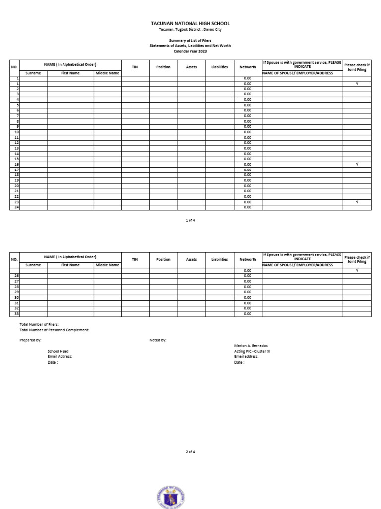 Template Saln Summary Certs | PDF | Net Worth | Balance Sheet
