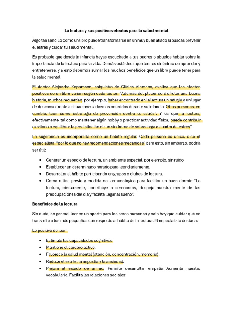 La Lectura y Sus Positivos Efectos para La Salud Mental | PDF | Memoria ...