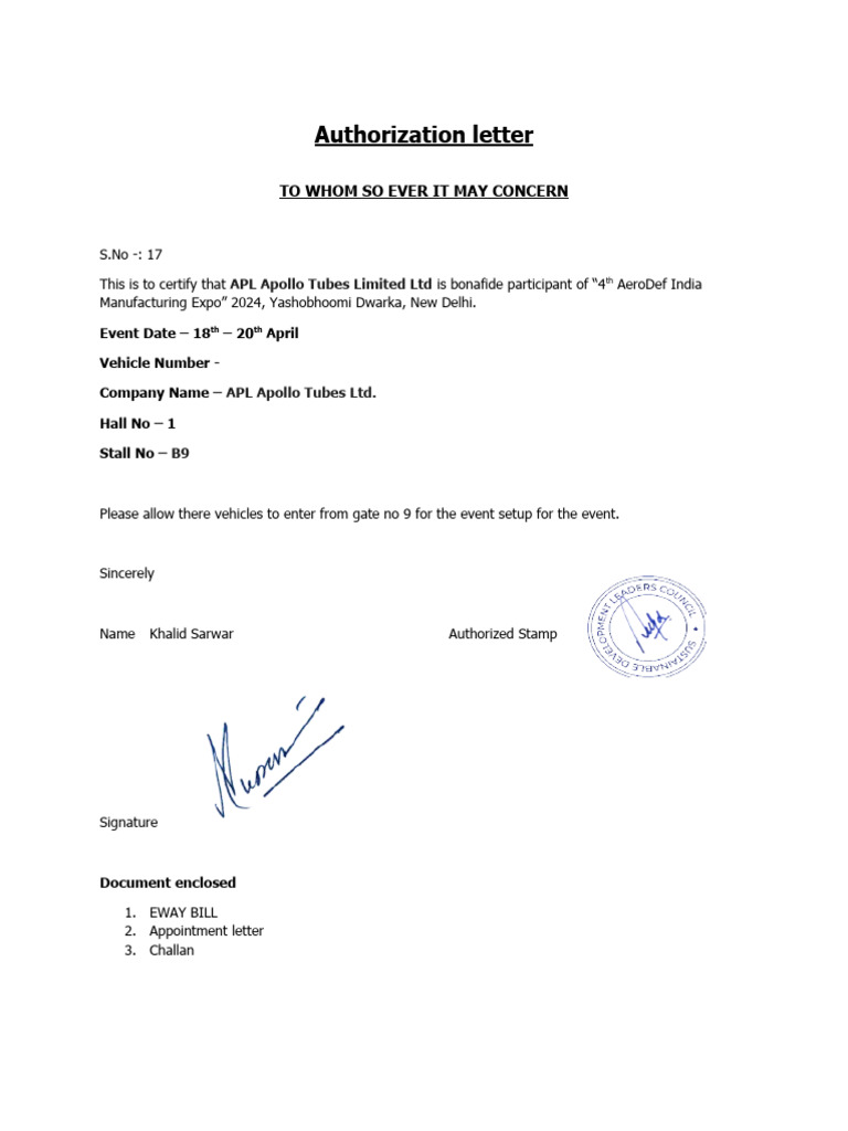 Authorization Letter - APL Apollo | PDF | Business