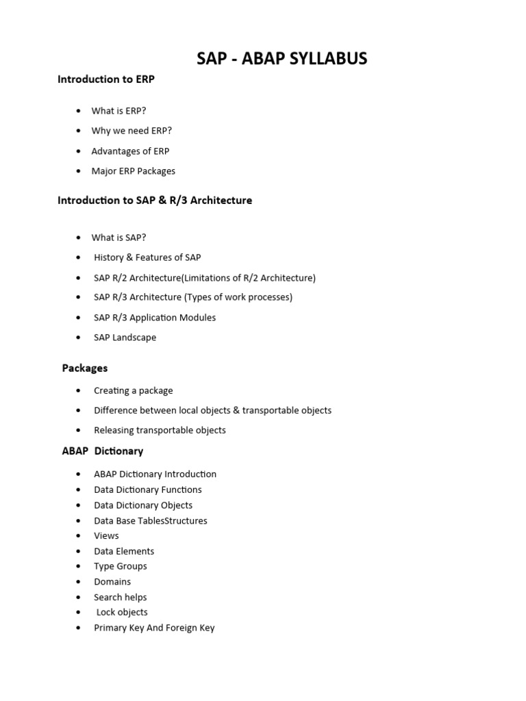 ABAP Syllabus | PDF | Computer Programming | Computing ABAP Syllabus | PDF | Computer Programming | Computing