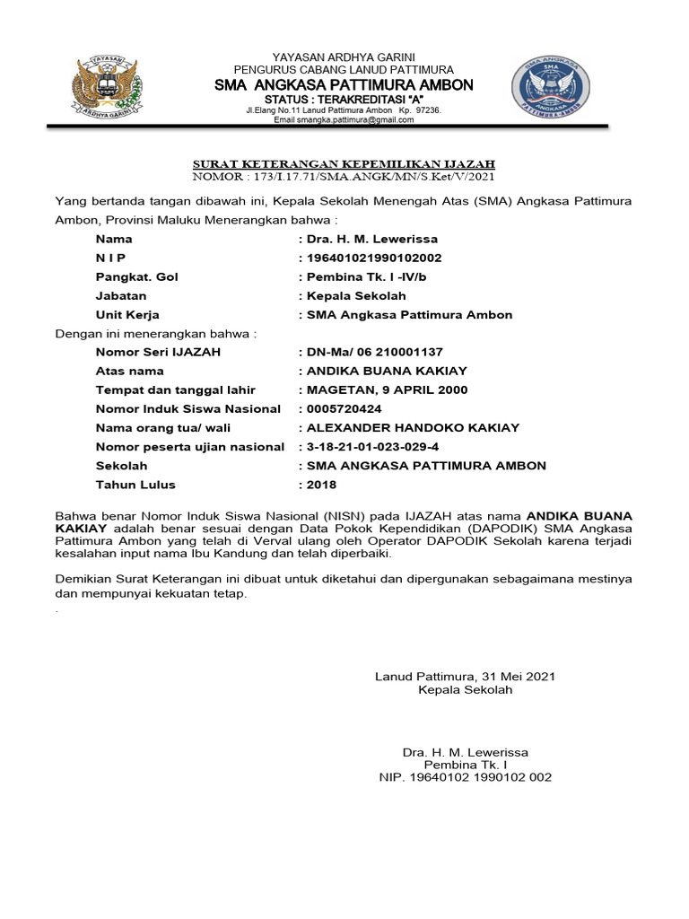 Surat Keterangan Ijazah SMA Angkasa | PDF