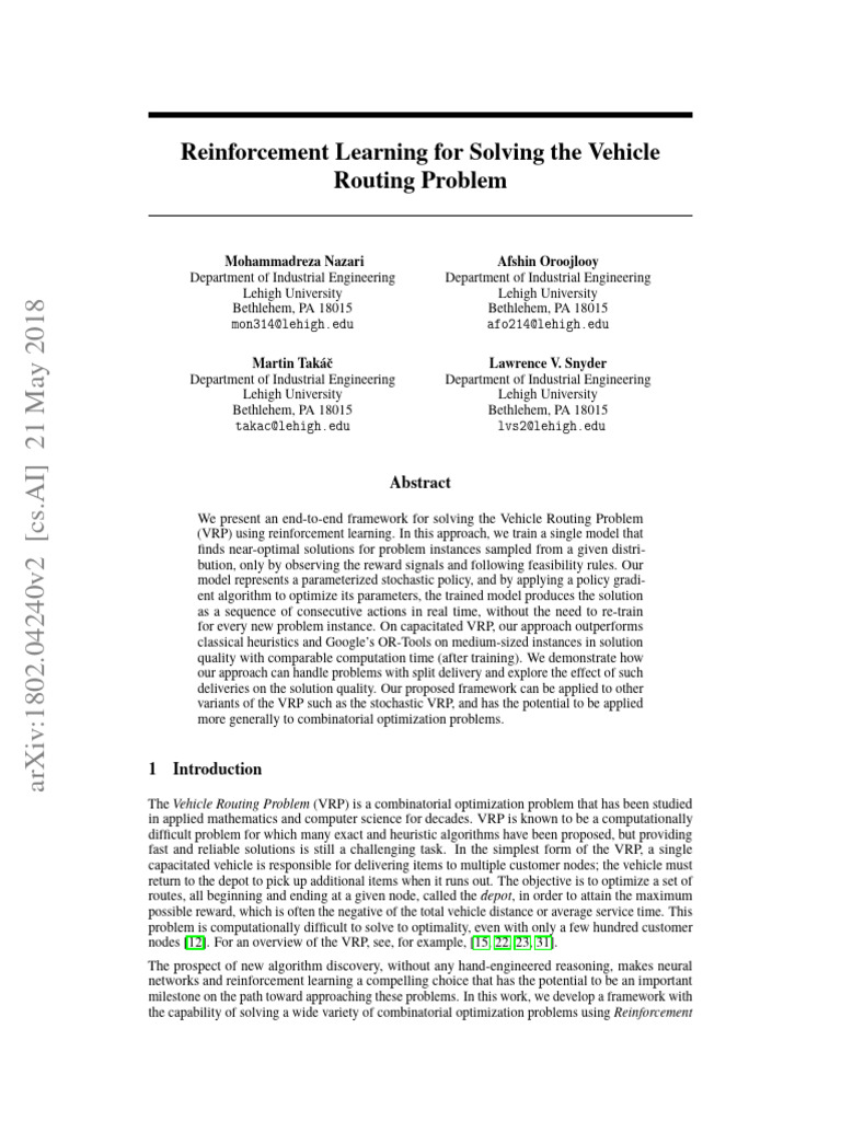 2018 Reinforcement Learning For Solving VRP | PDF | Mathematical ...