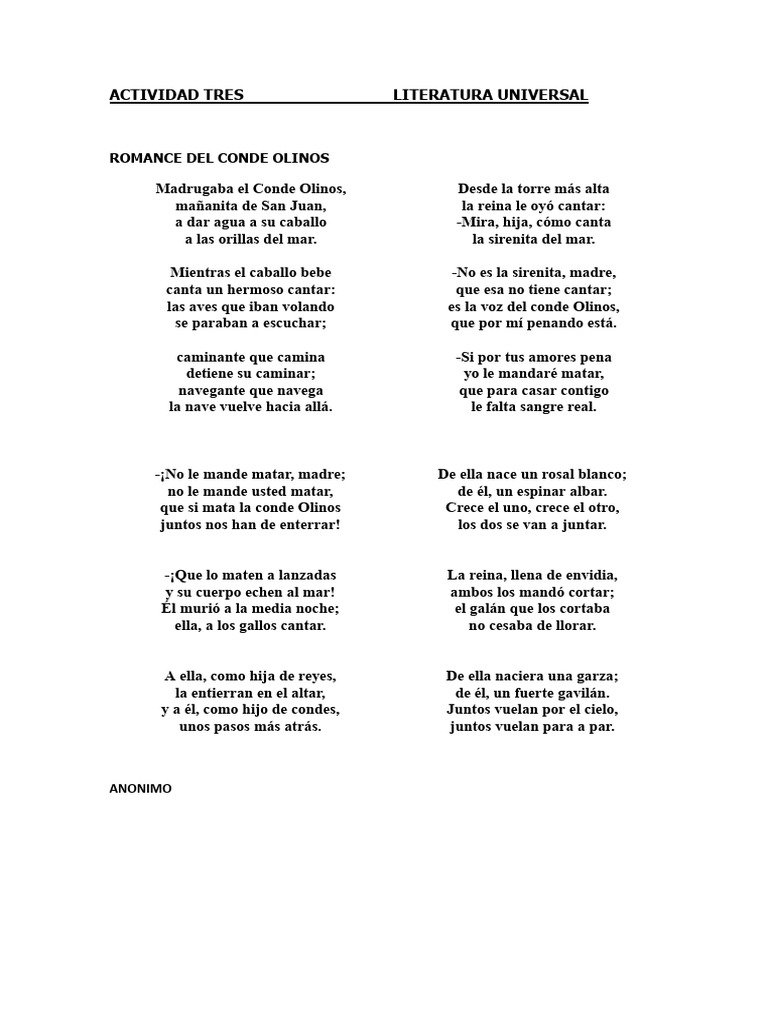 Romance del Conde Olinos: Análisis y Preguntas | PDF | Arte | Poesía