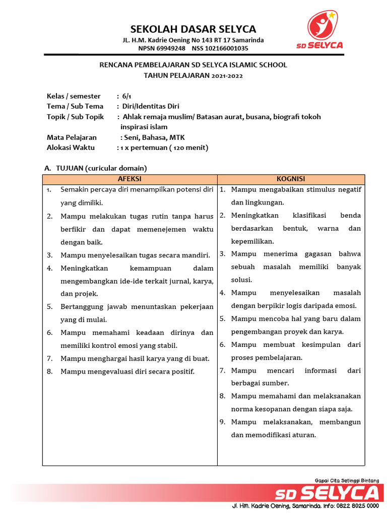 Rencana Pembelajaran SD Selyca 2021-2022 | PDF | Karier & Perkembangan