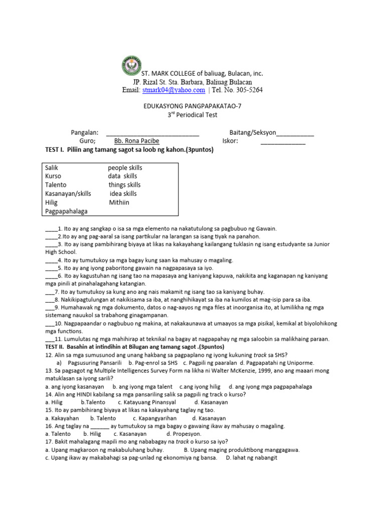 3rd PERIODICAL TEST ESP 7 | PDF