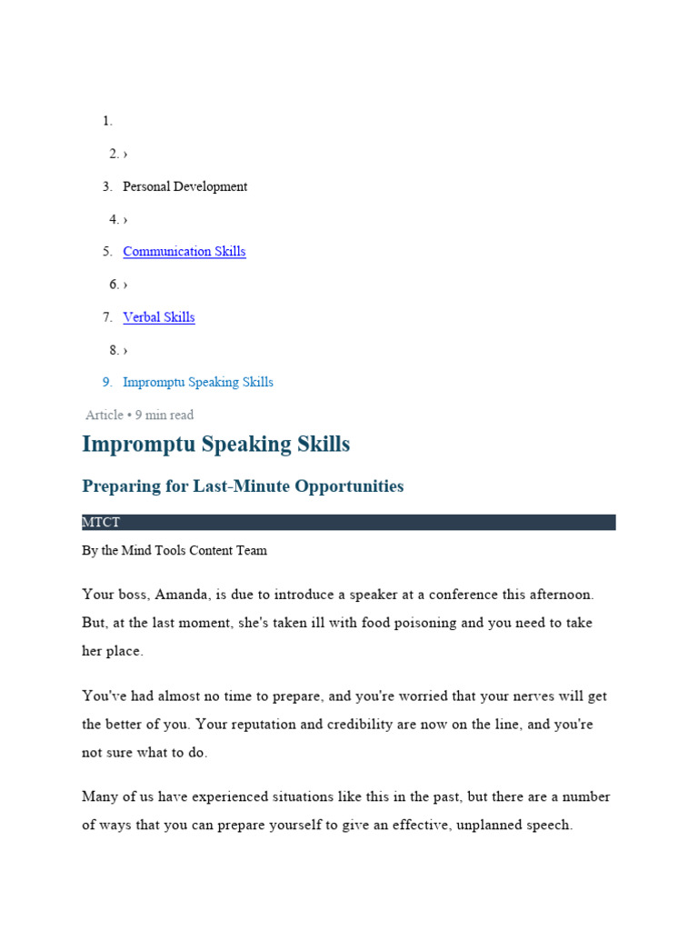 Impromptu Speech | PDF | Public Speaking | Thought