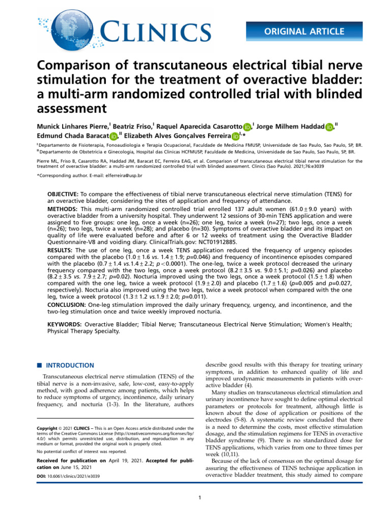 Comparison of Transcutaneous Electrical Tibial Nervestimulation For The ...