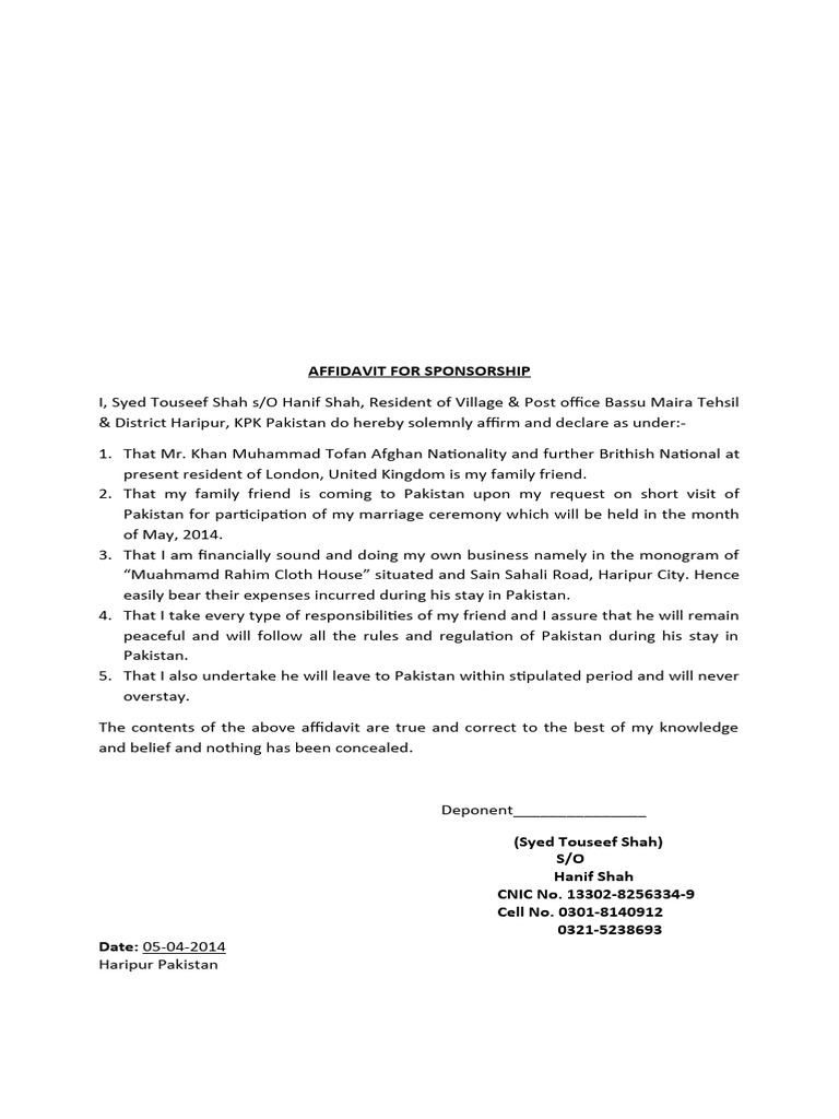 Affidavit For Sponsorship | PDF