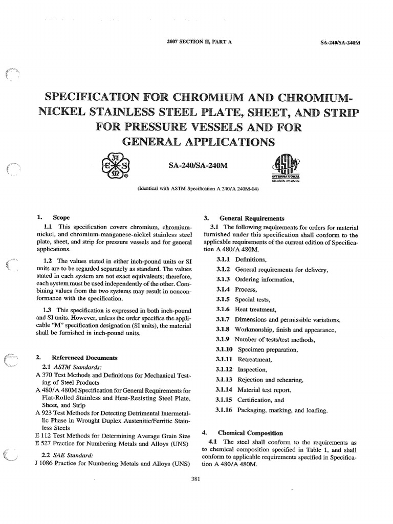 ASME - SA-240 - SA-240M - 01.2007 - Ident Mit ASTM - A-240 - A-240M | PDF