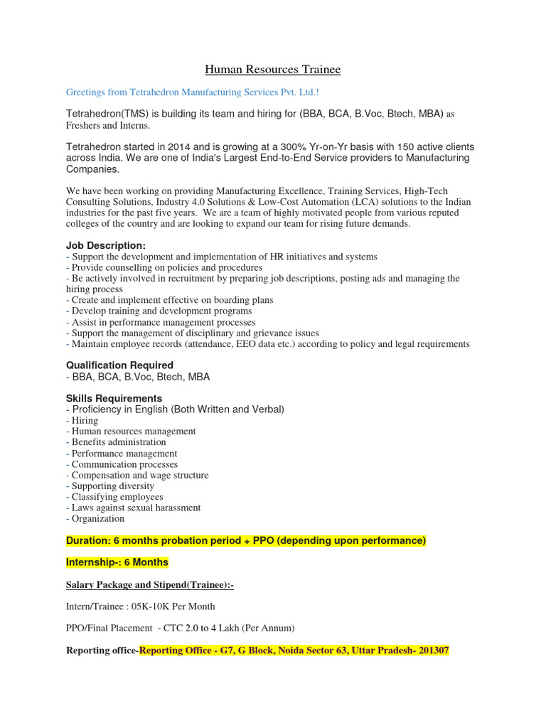 HR Trainee Internship at Tetrahedron | PDF | Business | Finance & Money ...