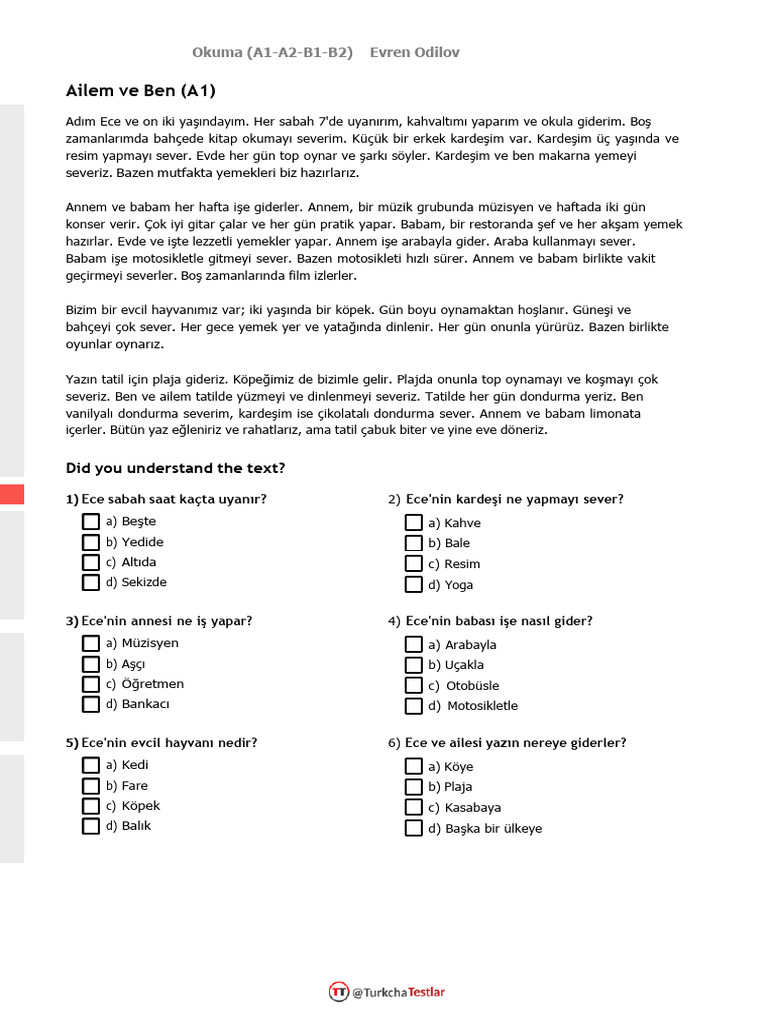 Okuma Metinler - (A1-A2-B1-B2) - @TurkchaTestlar | PDF