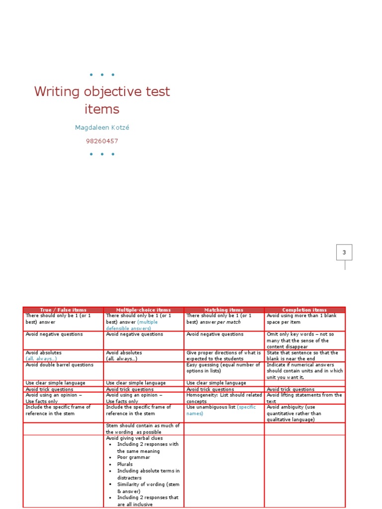 Objective Test Items | PDF | Question | Multiple Choice