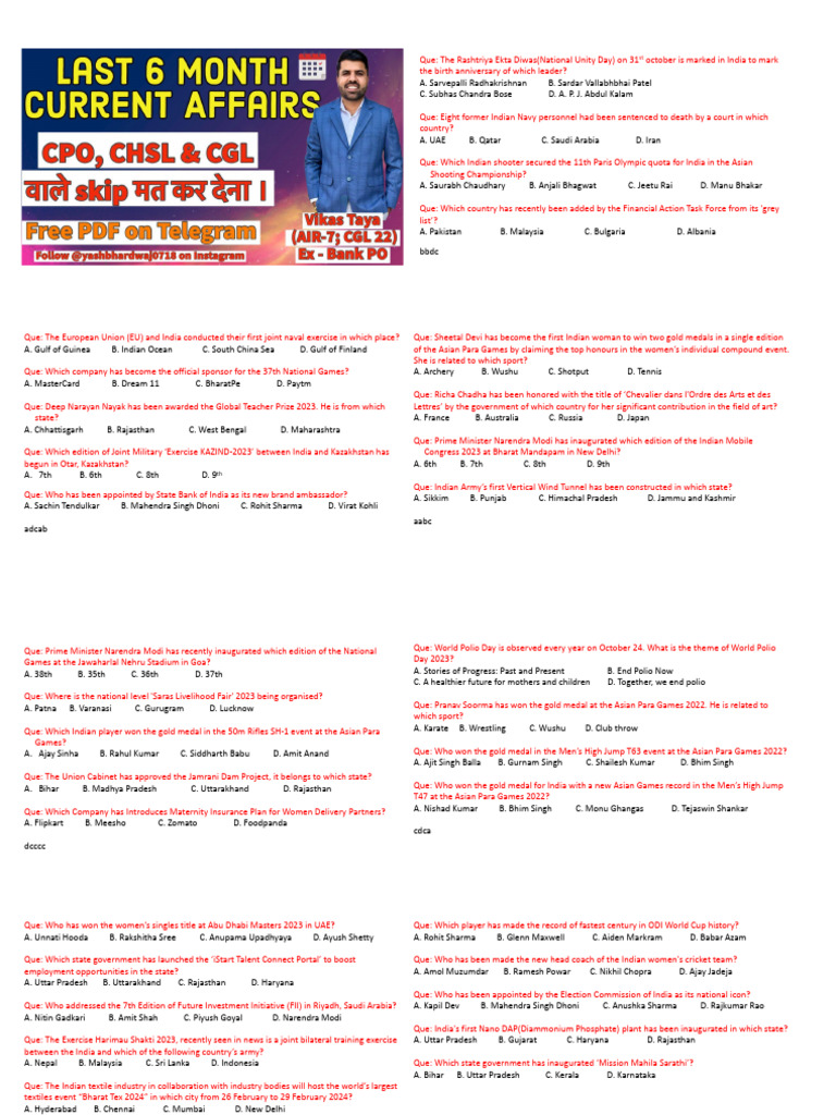 Last 6 Months Current Affairs (Best 500 MCQS) | PDF