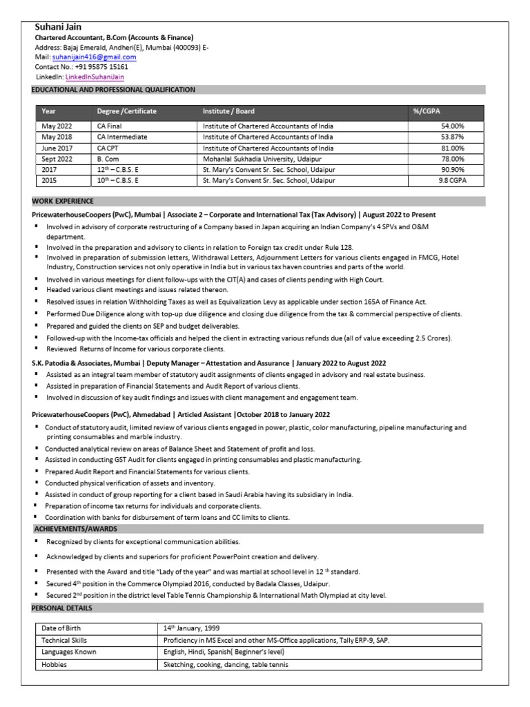 CV - Suhani Jain 4 | PDF | Audit | Business