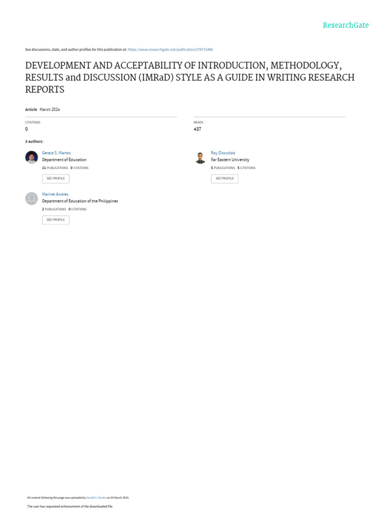 Development and Acceptability of Introduction, Methodology, Results and Discussion (Imrad) Style ...