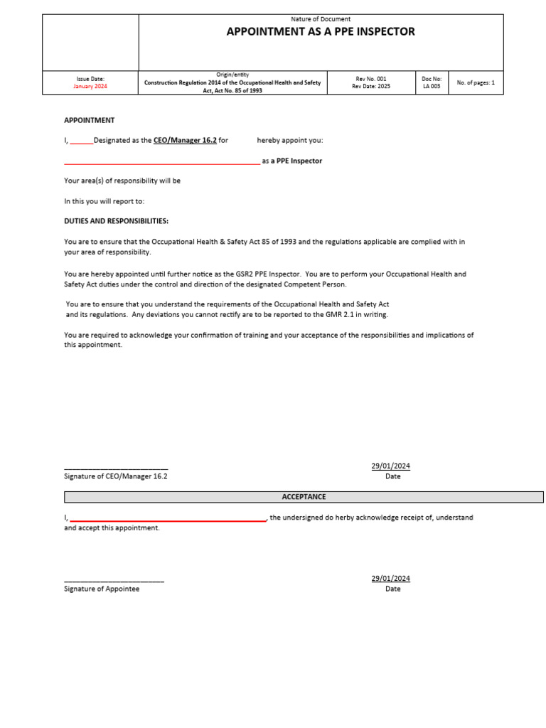 PPE Inspector Appointment Letter | PDF | Business | Finance & Money ...