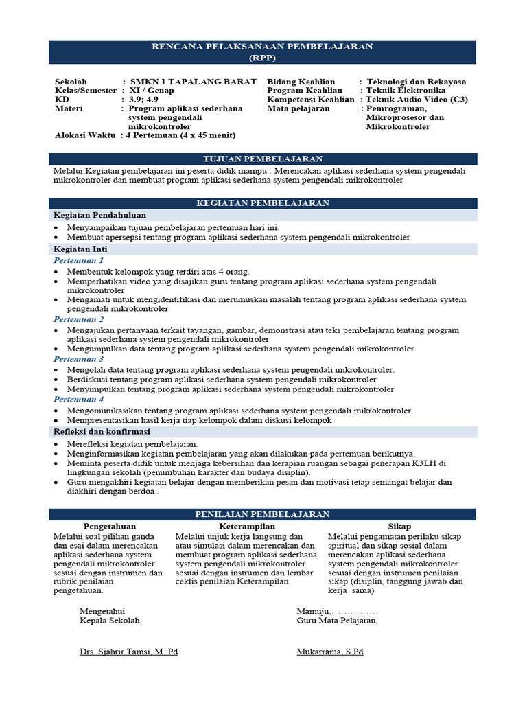 RPP Program Aplikasi Sederhana System Pengendali Mikrokontroler | PDF ...