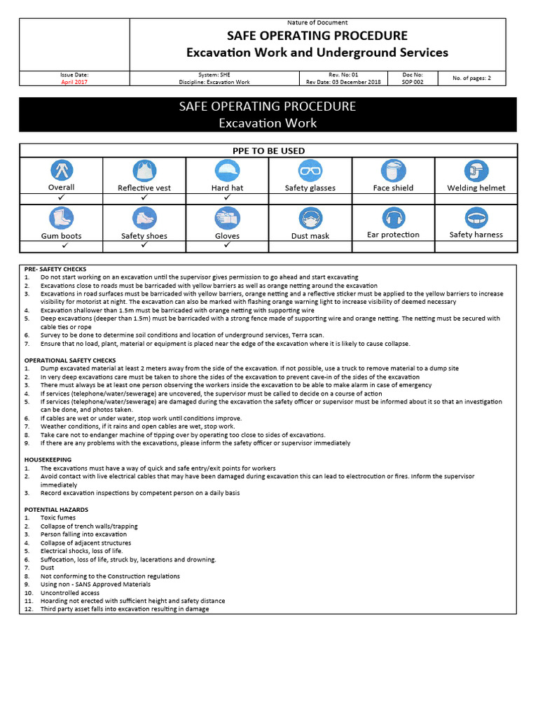 Excavation Work Safe Operating Procedure | PDF | Personal Protective ...