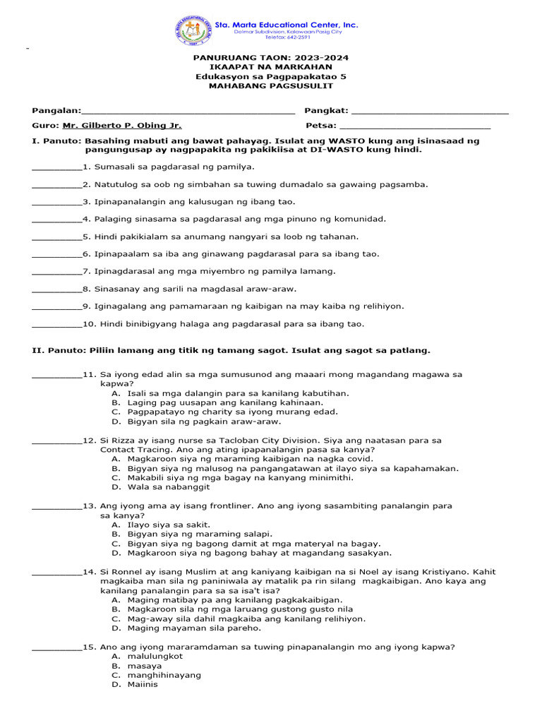 4th Quarter - ESP 5 LONG QUIZ | PDF