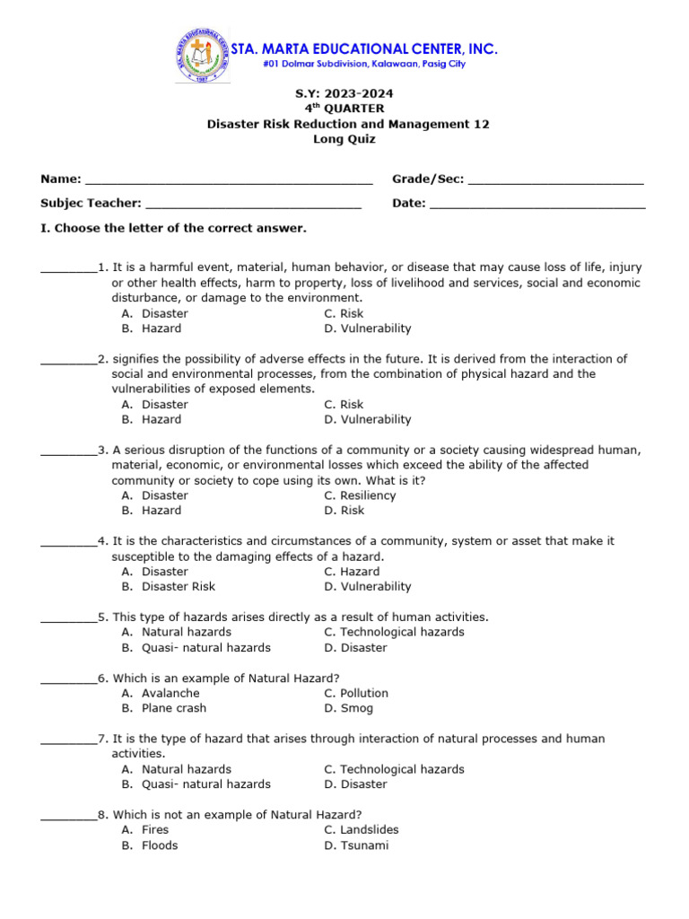 DRRM Quiz and Preparedness Guide | PDF | Natural Disasters | Hazards