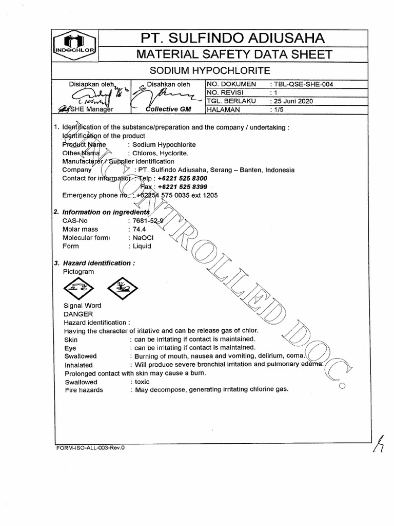 MSDS Sodium Hypochlorite NaOCl 10 | PDF
