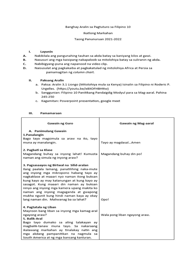 Banghay-Aralin 3.1 Liongo | PDF