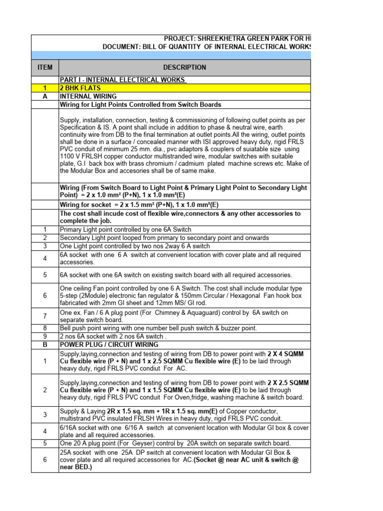 Electrical BOQ for Residential Flats | PDF | Electrical Wiring ...