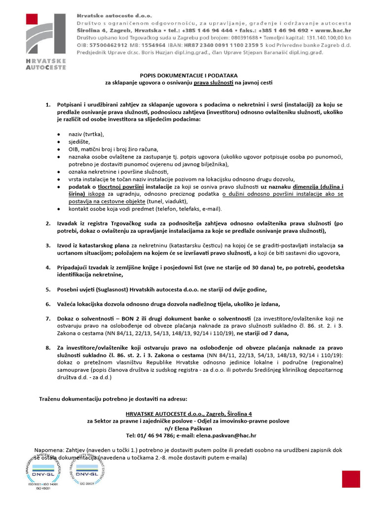 POPIS DOKUMENTACIJE Za Osnivanje Prava Služnosti - HAC | PDF