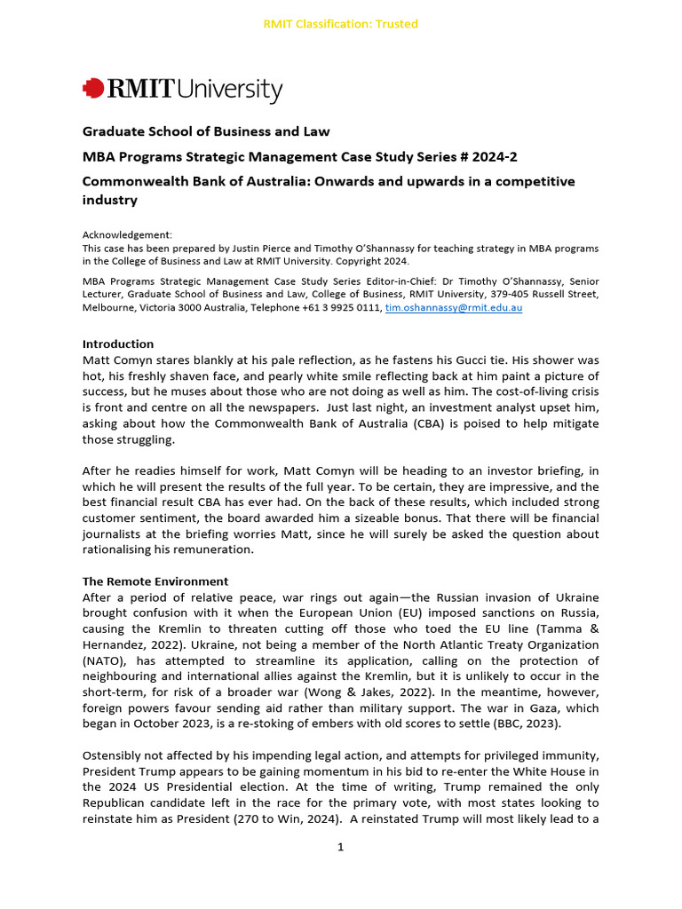 RMIT University Strategic Management Case Study Series Commonwealth Bank of Australia March 2024 ...
