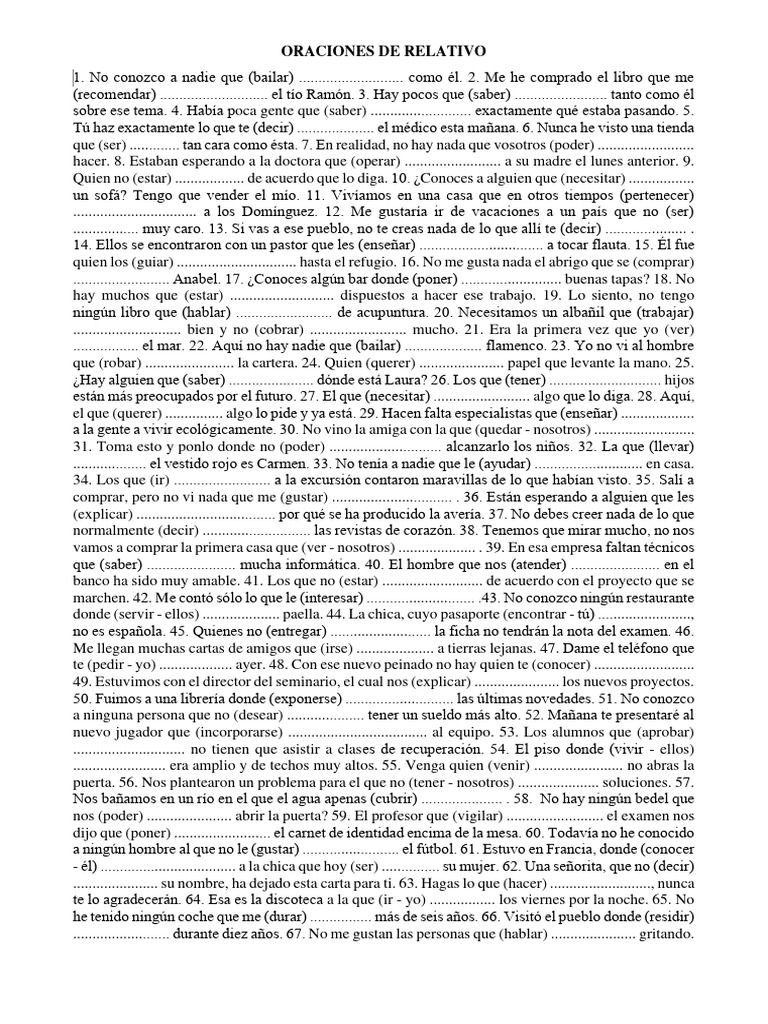 Oraciones de Relativo - Ejercicios | PDF
