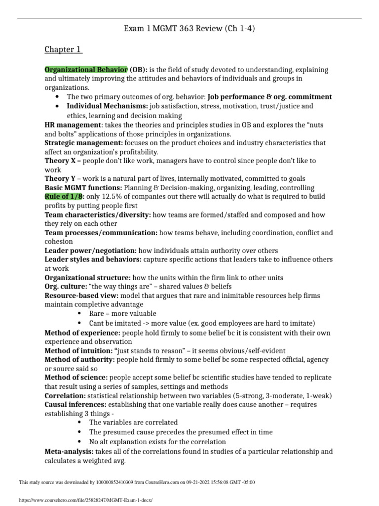 Exam 1 MGMT 363 Review (CH 1-4) | PDF | Job Satisfaction | Leadership