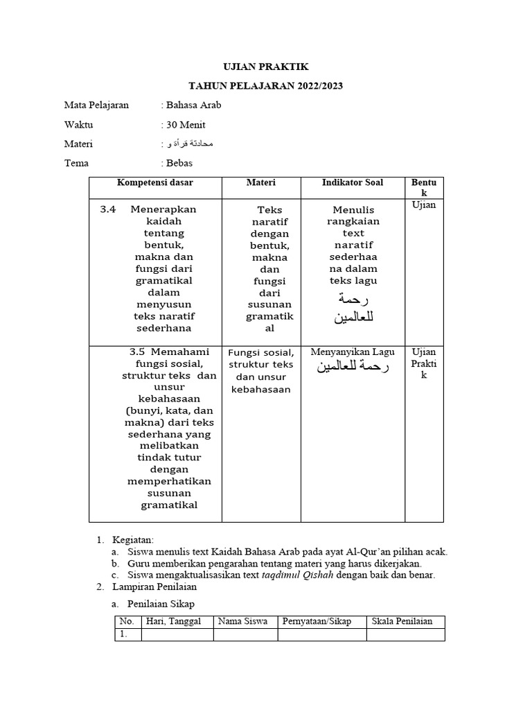 KISI-KISI UPRAK Bahasa Arab | PDF