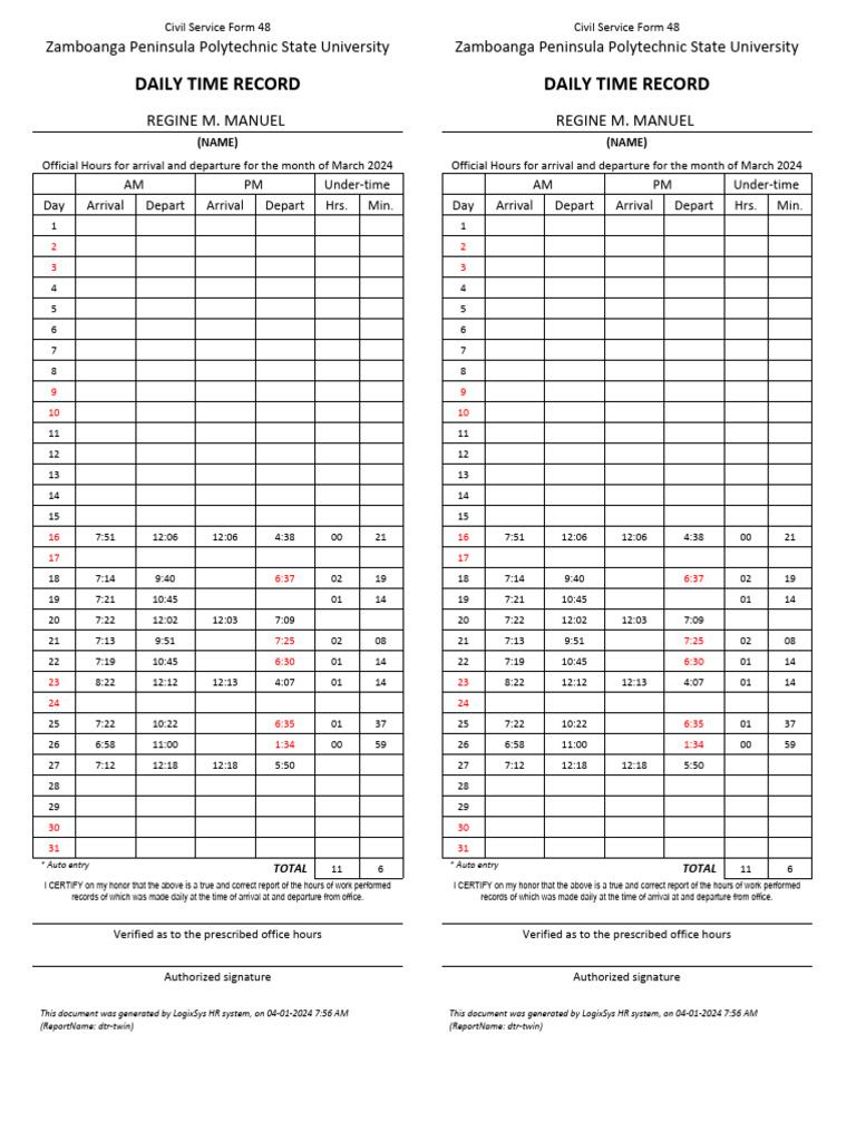 Daily Time Record Daily Time Record | PDF | Authentication | Signature