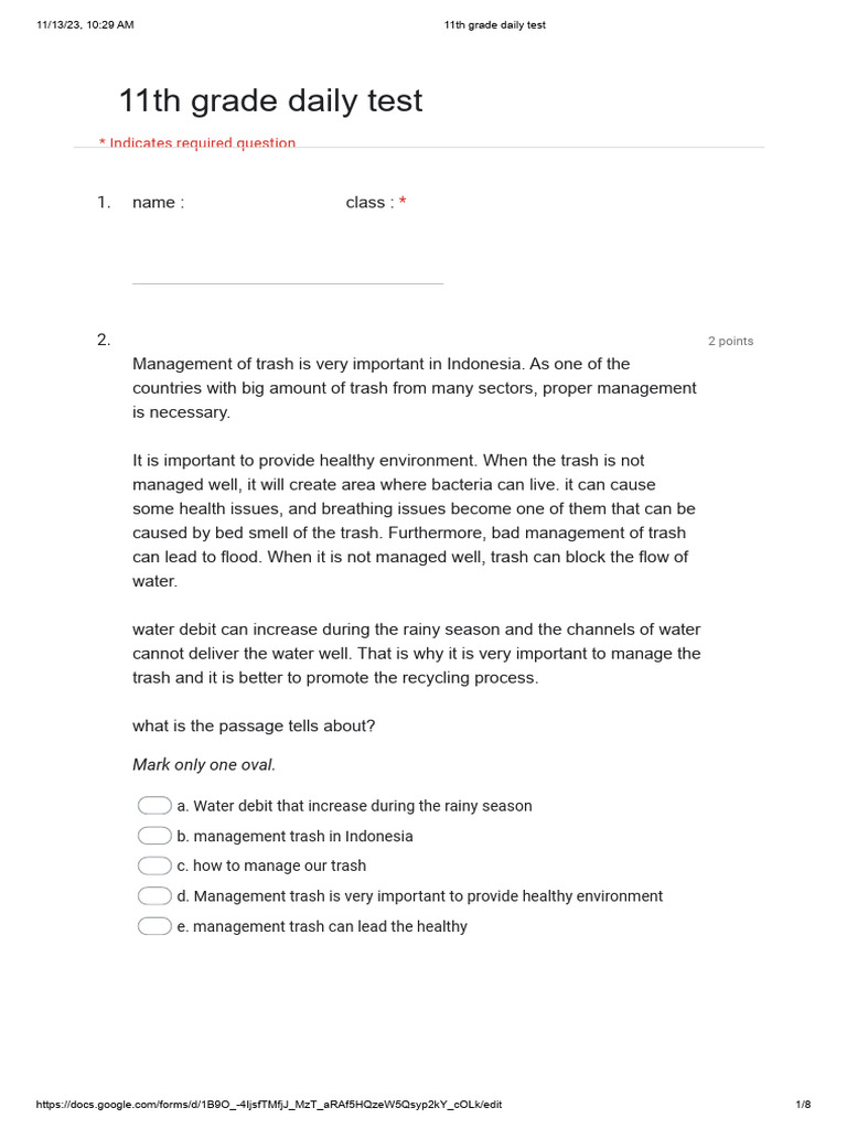 11th Grade Daily Test - Google Forms | PDF