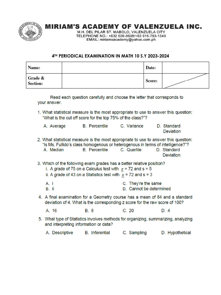 Grade 10 Math 4th Quarter Exam 2023-2024 | PDF | Statistics | Observation