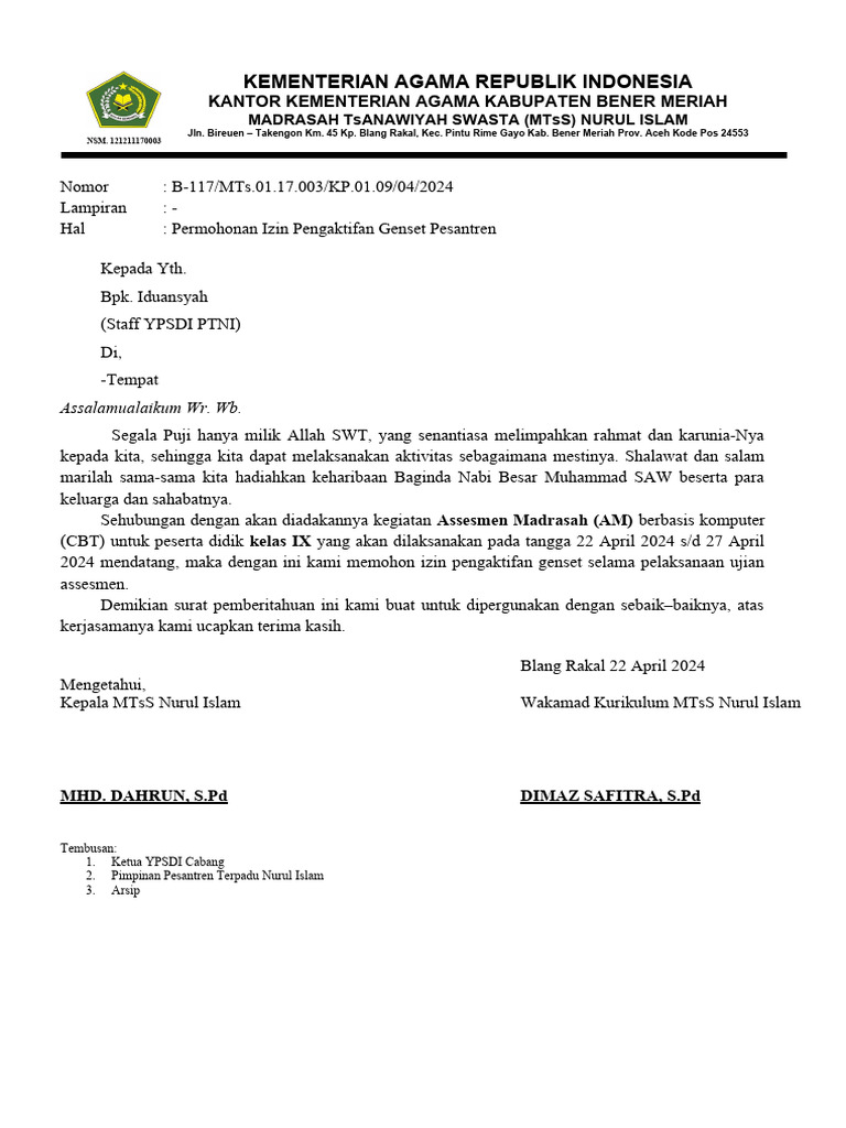 SURAT Izin Genset | PDF