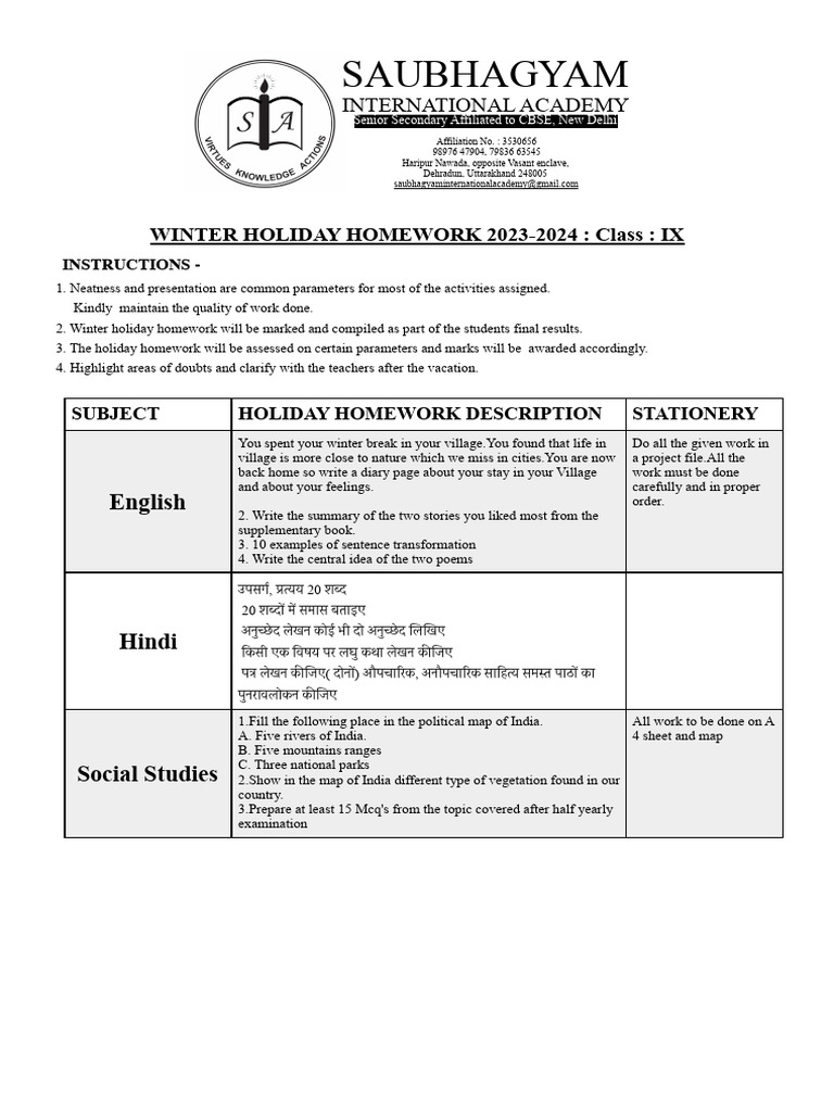 Class IX Winter Holiday Homework 2023-24 | PDF | Factorization ...