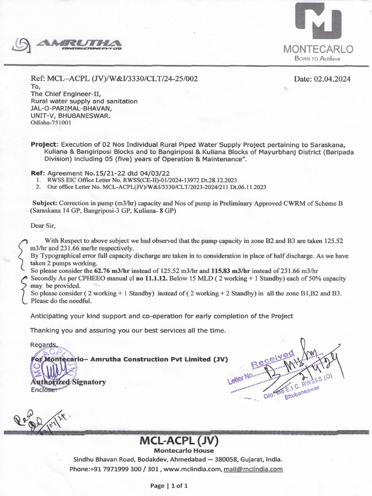 Letter No. 002 Request Letter For Correction of Pump Capacity and ...