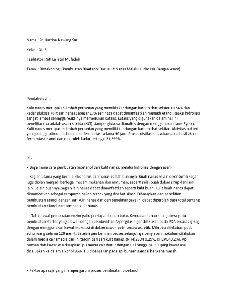 Bioetanol dari Kulit Nanas: Proses dan Keunggulan | PDF