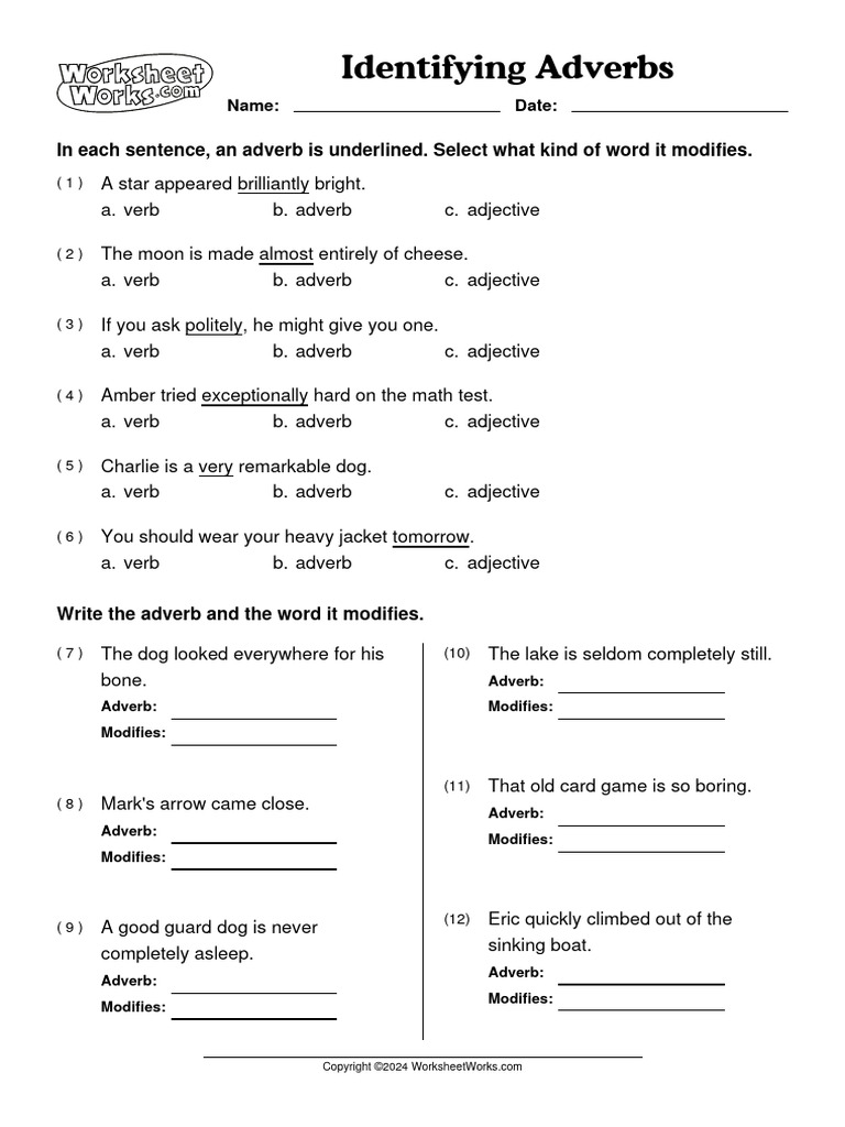 WorksheetWorks Identifying Adverbs 2 | PDF | Adverb | Verb