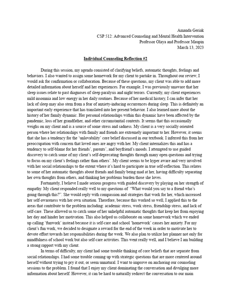 CSP 512 Individual Counseling Reflection 2-2 | PDF | Feeling | Self Esteem