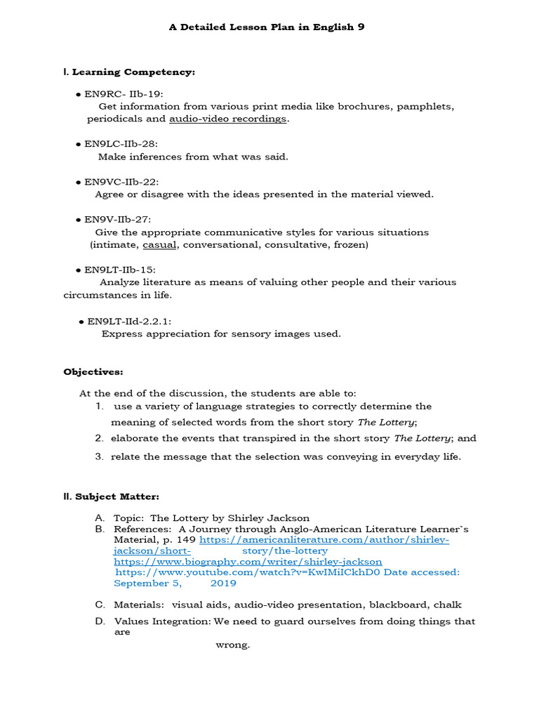 The Lottery Detailed Lesson Plan | PDF | Human Communication | Cognition
