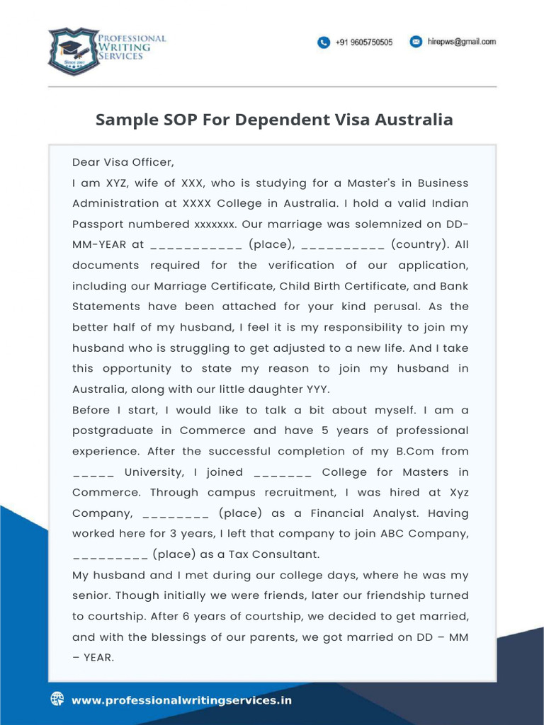 SOP for Australia Dependent Visa | PDF | Travel Visa