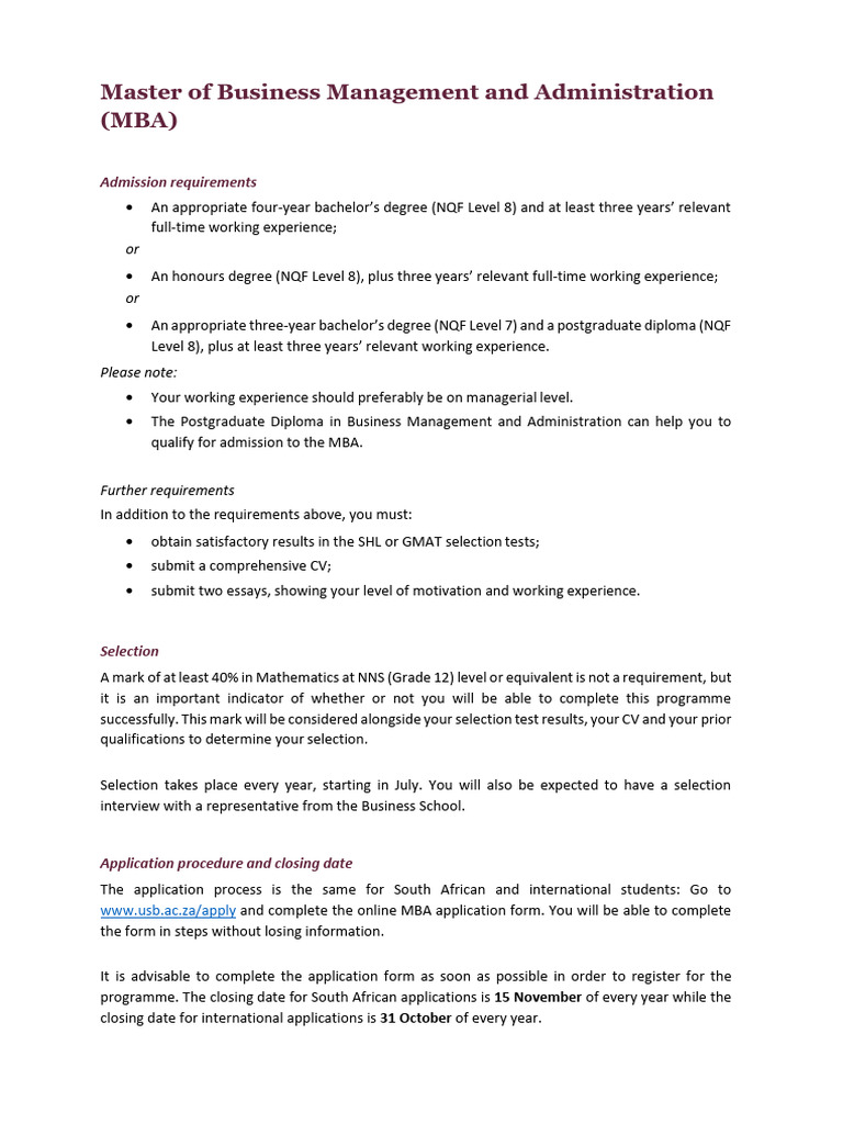 Master of Business Management and Administration (MBA) | Download Free ...