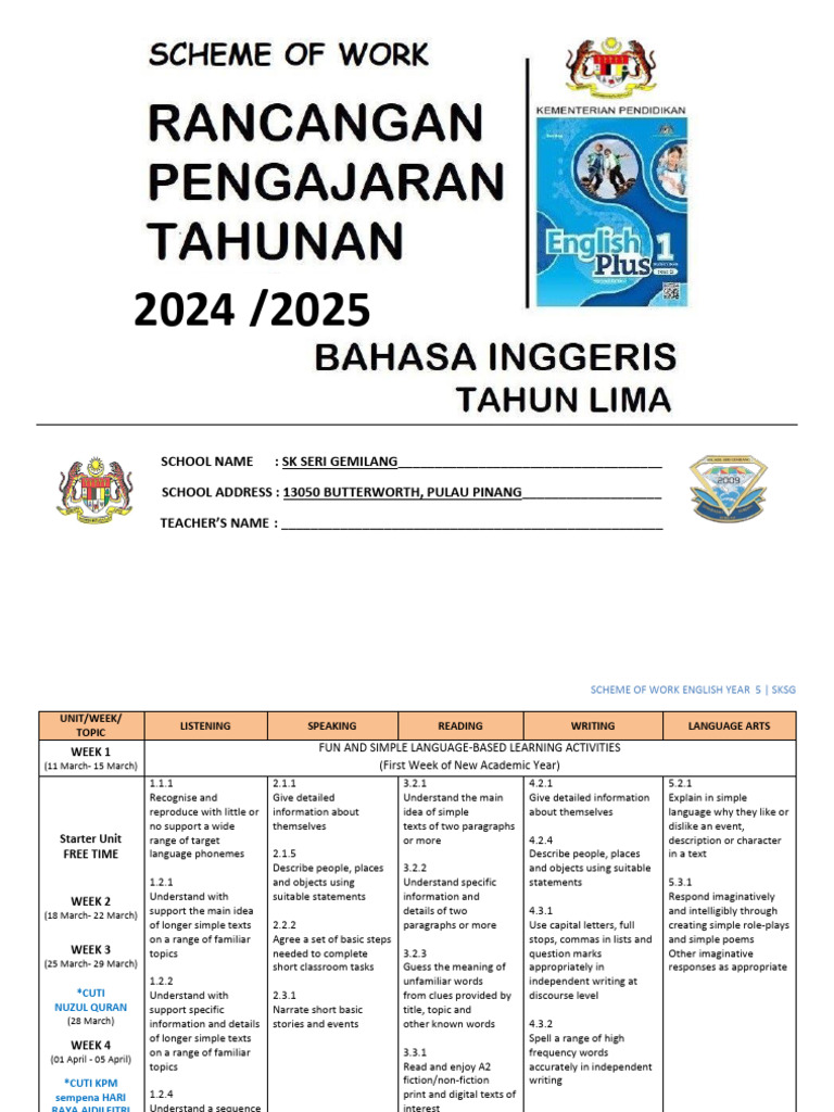 Sow English Year 5 2024 2025 Sksg Pdf English Language Information
