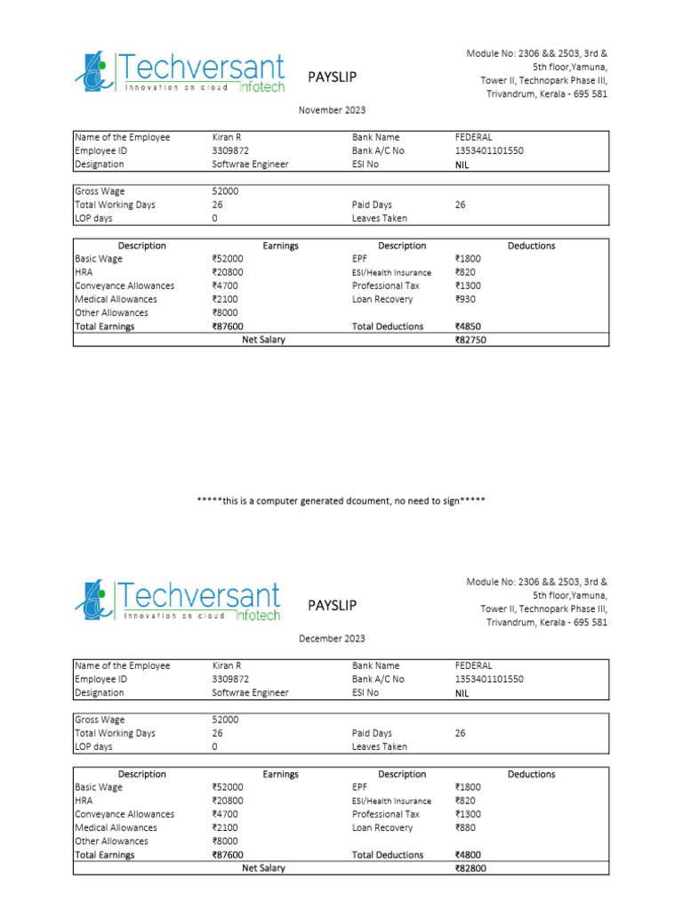 Kiran Raju - Techversant Payslip | PDF | Business | Public Finance